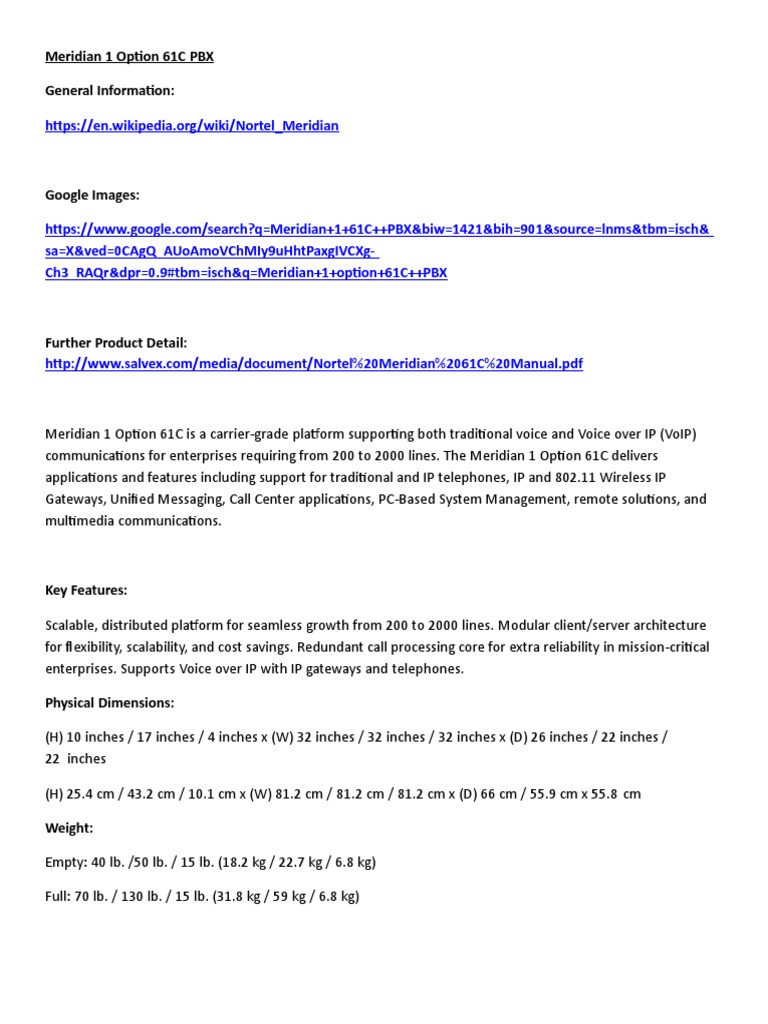 Meridian 1 Option 61C PBX General Information | PDF | Voice Over Ip ...