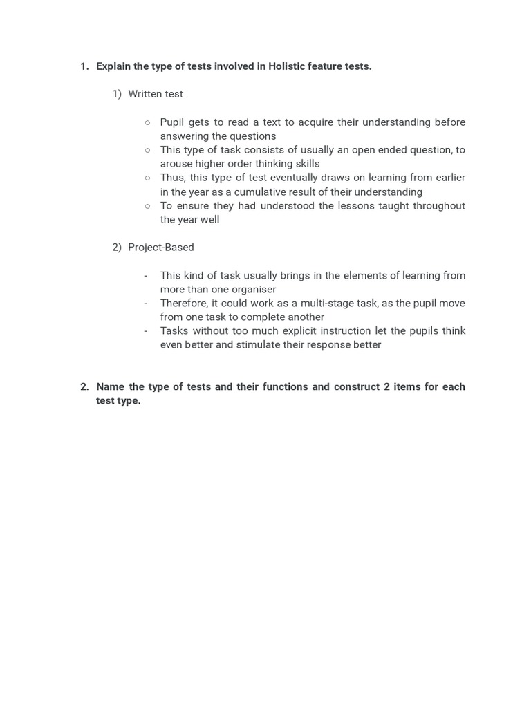 Holistic Feature Tests Pdf Project Based Learning Narration