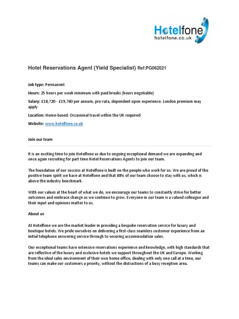 Senior Reservations Agent Position | PDF | Hotel | Business