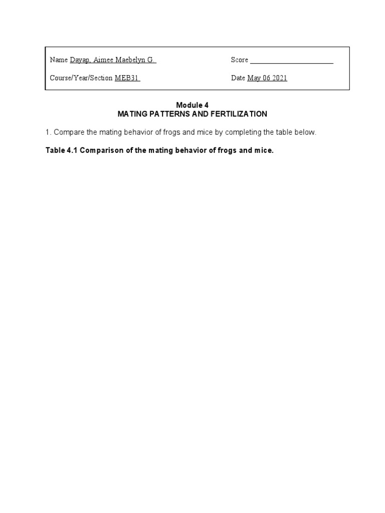 Module 4 Mating Pattern Worksheet | PDF | Fertilisation | Egg