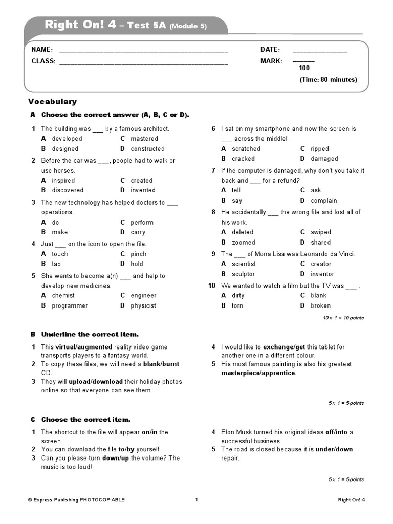 14 Right On 4 - Test 5A - Mod 5 | PDF | World Wide Web | Internet & Web