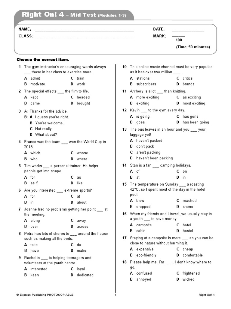 10 Right On 4 - Mid Test | PDF