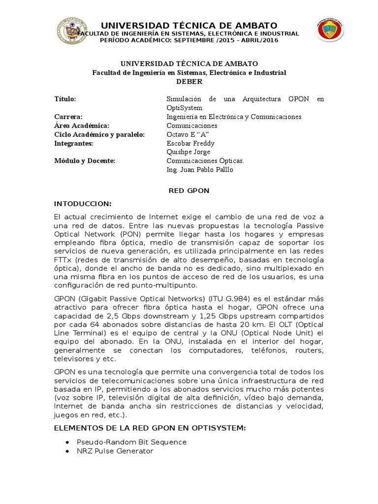 PDF Red Gpon en Optisystem DL | PDF | Ingenieria Eléctrica | Informática