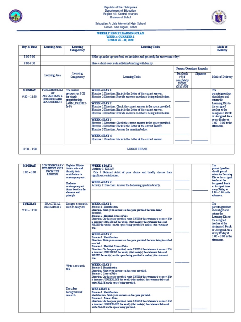 Day & Time Learning Area Learning Competency Learning Tasks Mode of ...