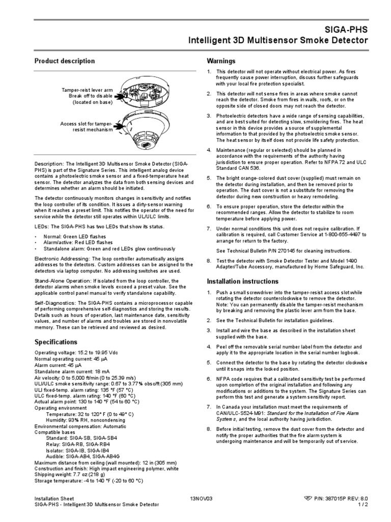 Siga-Phs Intelligent 3D Multisensor Smoke Detector: Product Description ...