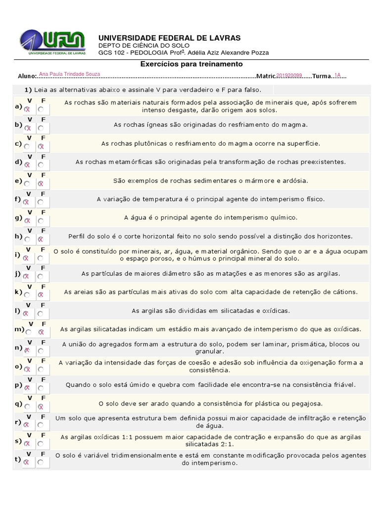1 Lista de Exer Pedologia - ANA PAULA TRINDADE SOUZA 201920099 | PDF | Solo | Rochas (Geologia)