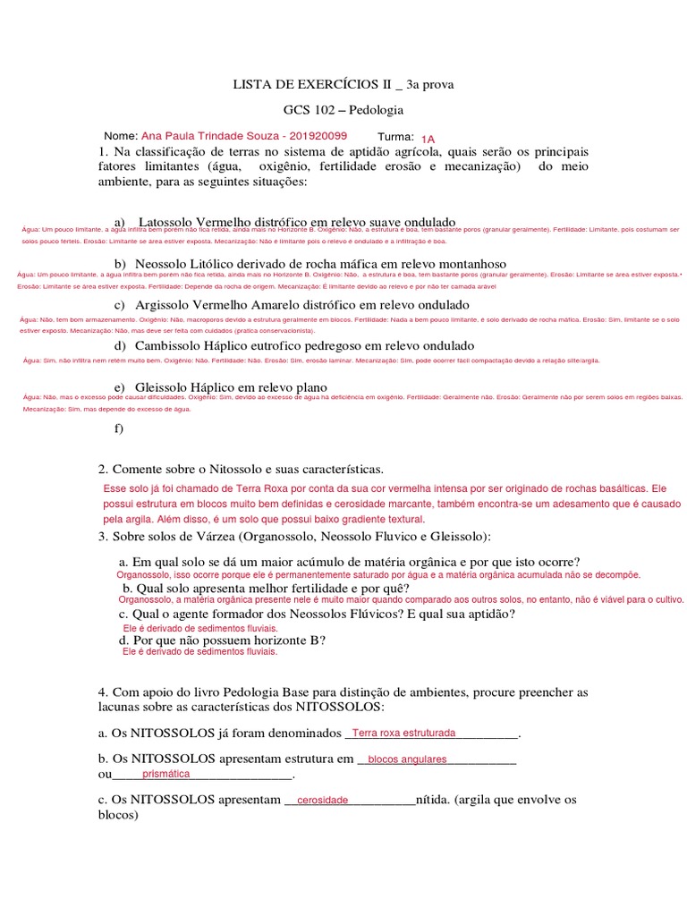 3 Lista de Exer Pedologia - ANA PAULA TRINDADE SOUZA 201920099 | PDF | Solo | Erosão