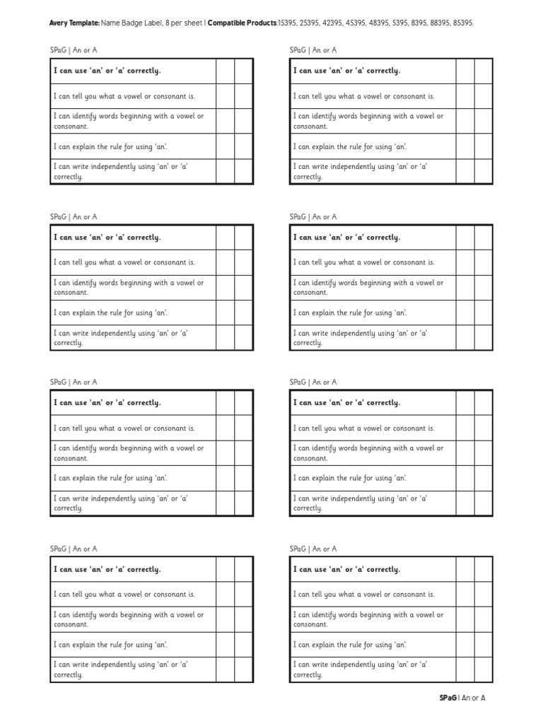#Success Criteria Grid An or A | Download Free PDF | Consonant ...