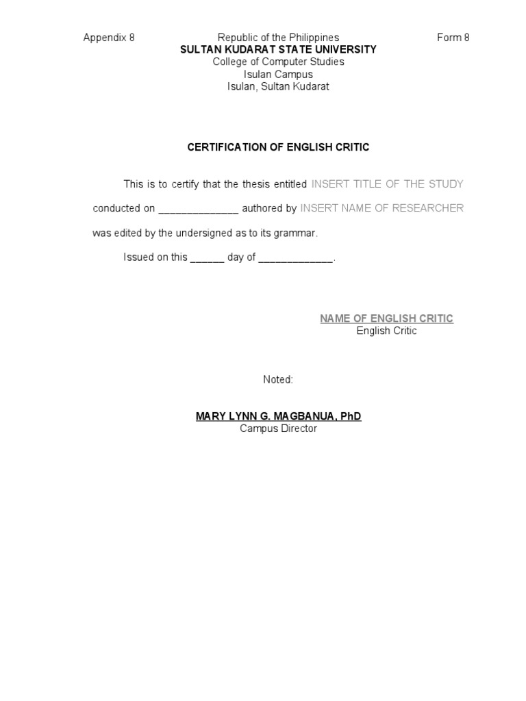 FORM 8 - Certification of English Critic | PDF