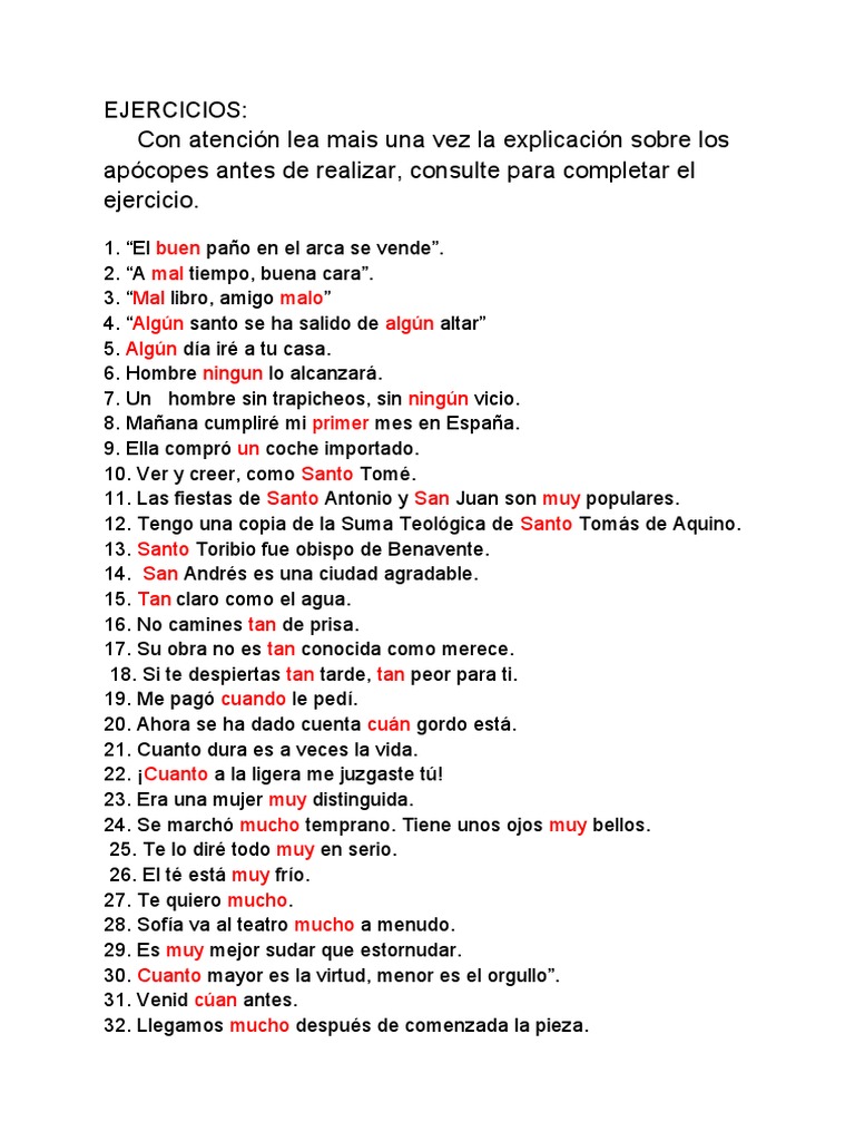 Ejercicios sobre Apócopes en Español | PDF | Novela negra, policíaca y ...