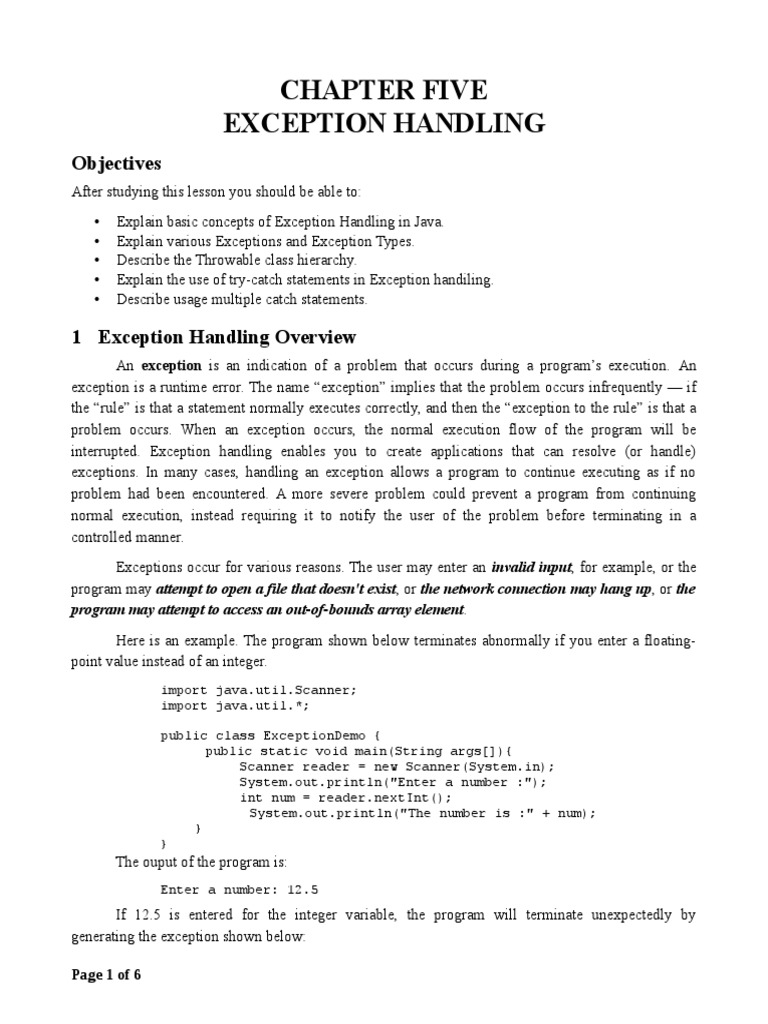 Chapter Five Exception Handling Pdf Java Programming Language Class Computer Programming