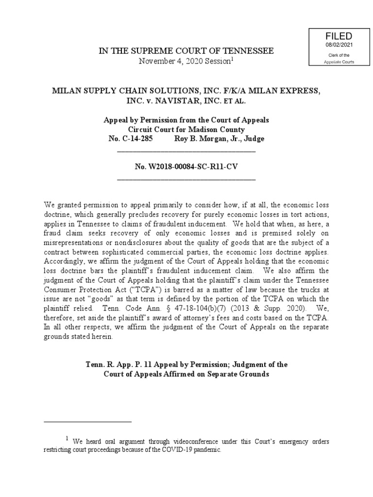 In The Supreme Court of Tennessee: Milan Supply Chain Solutions, Inc. F ...