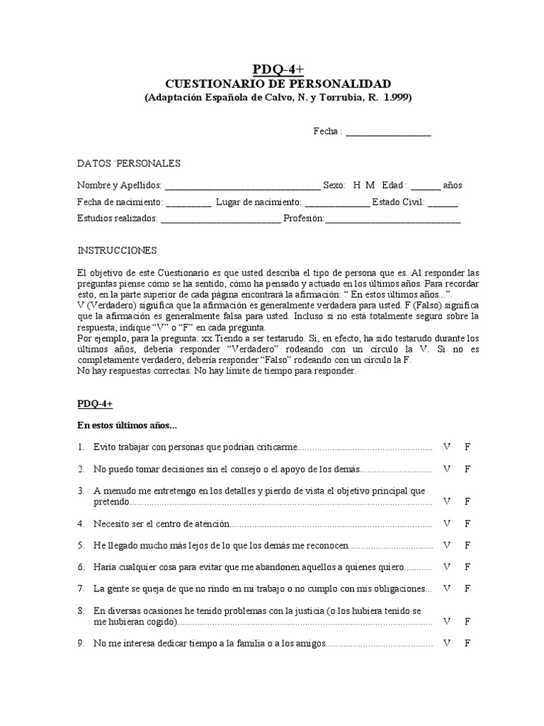 Test PDQ-4 (Cuestionario) | PDF | Ansiedad | La dependencia de sustancias