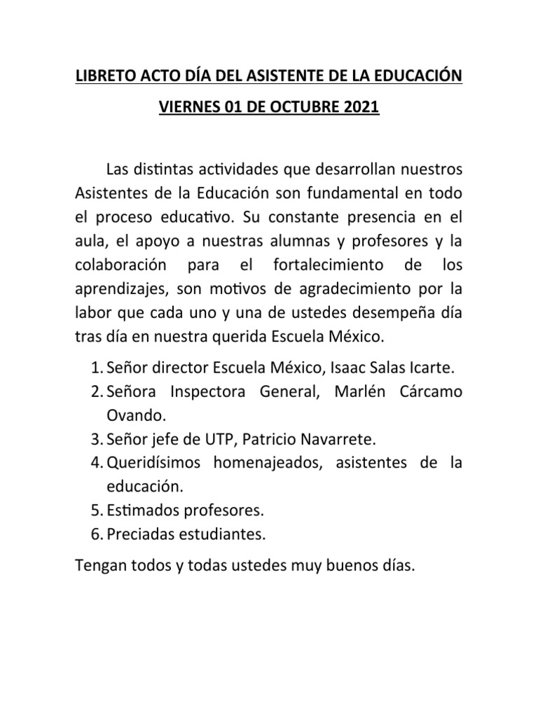Libreto Acto Día Del Asistente de La Educación | PDF