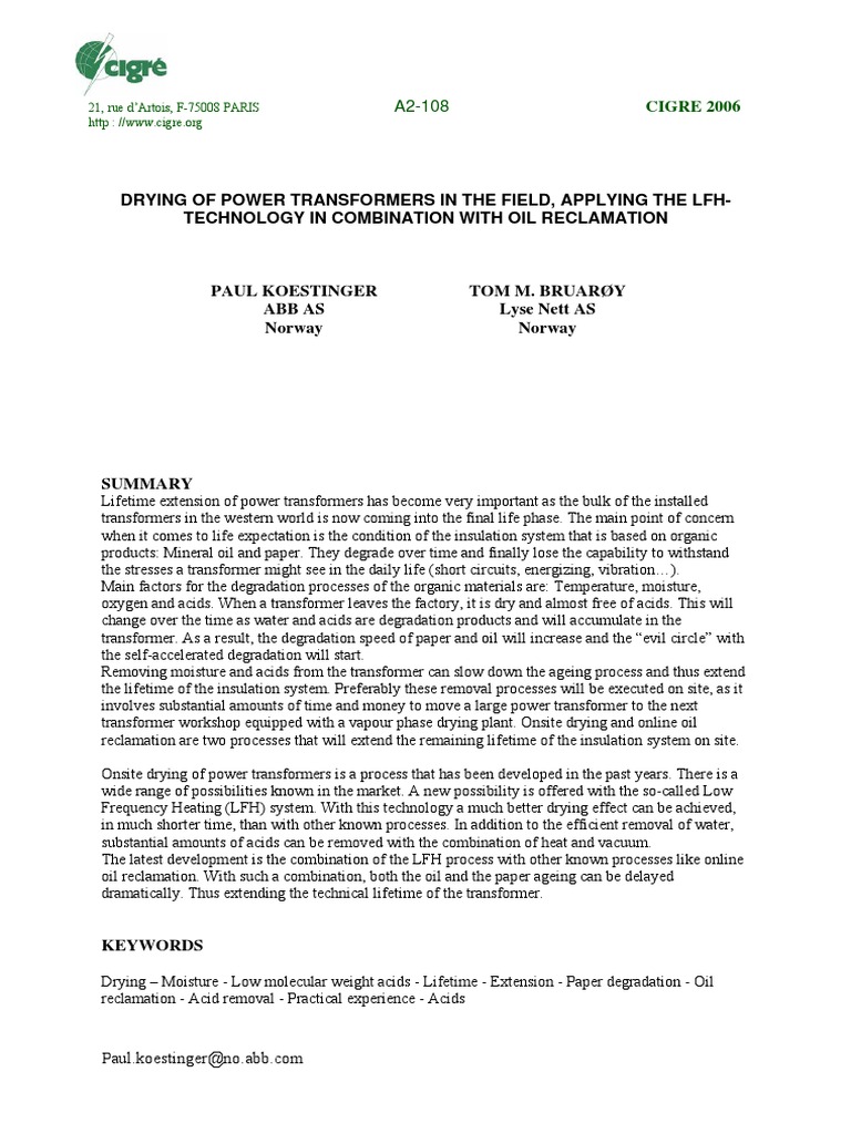 PAPER CIGRE Drying of Power Transformers in The Field Applying The LFH Technology in Combination ...