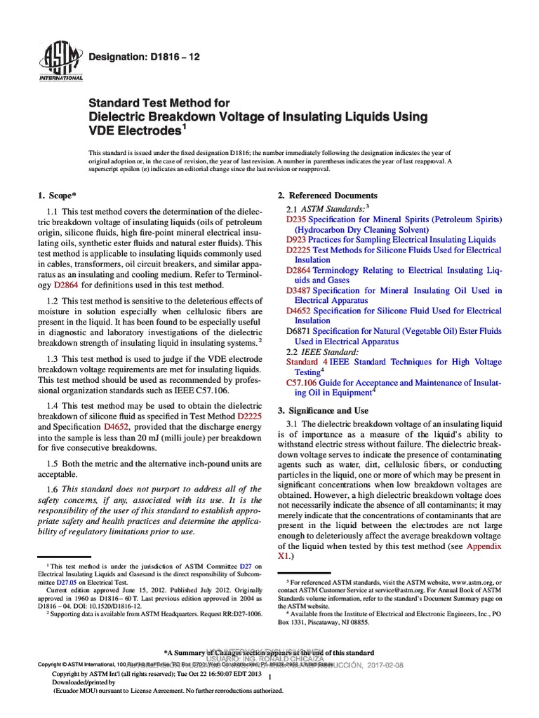 ASTM D1816 - 12 (2019) Standard Test Method For Dielectric Breakdown ...