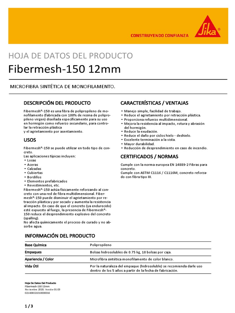 Fibermesh 150 12mm | Descargar gratis PDF | Hormigón | Materiales