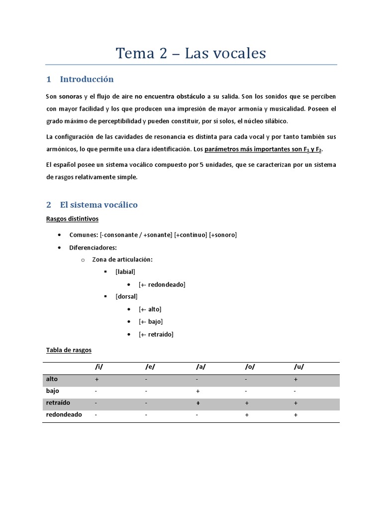 Tema 2 - Las Vocales: 1 Introducción | PDF | Vocal | Sonido