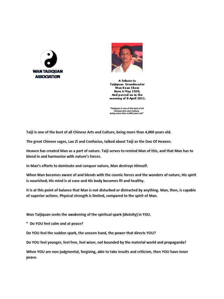 Ebook On Master Wan Kean Chew | PDF | Tai Chi | Chinese Martial Arts