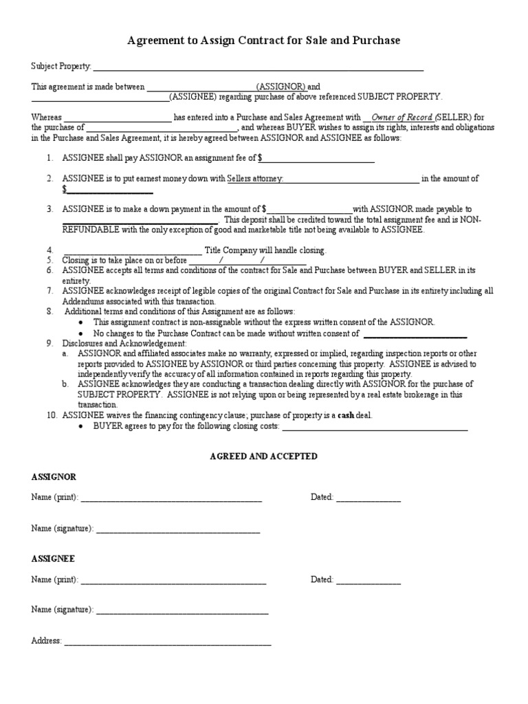 Agreement To Assign Contract For Sale and Purchase | Download Free PDF ...