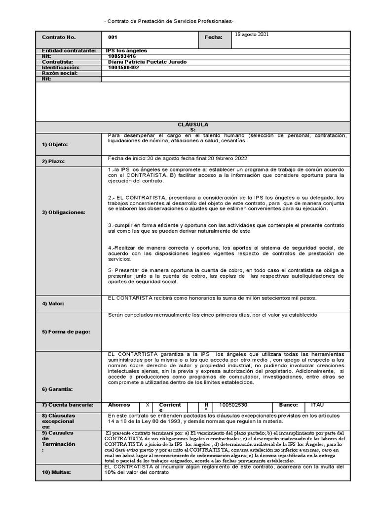 Contrato de Servicios de Talento Humano | PDF | Derechos de autor ...