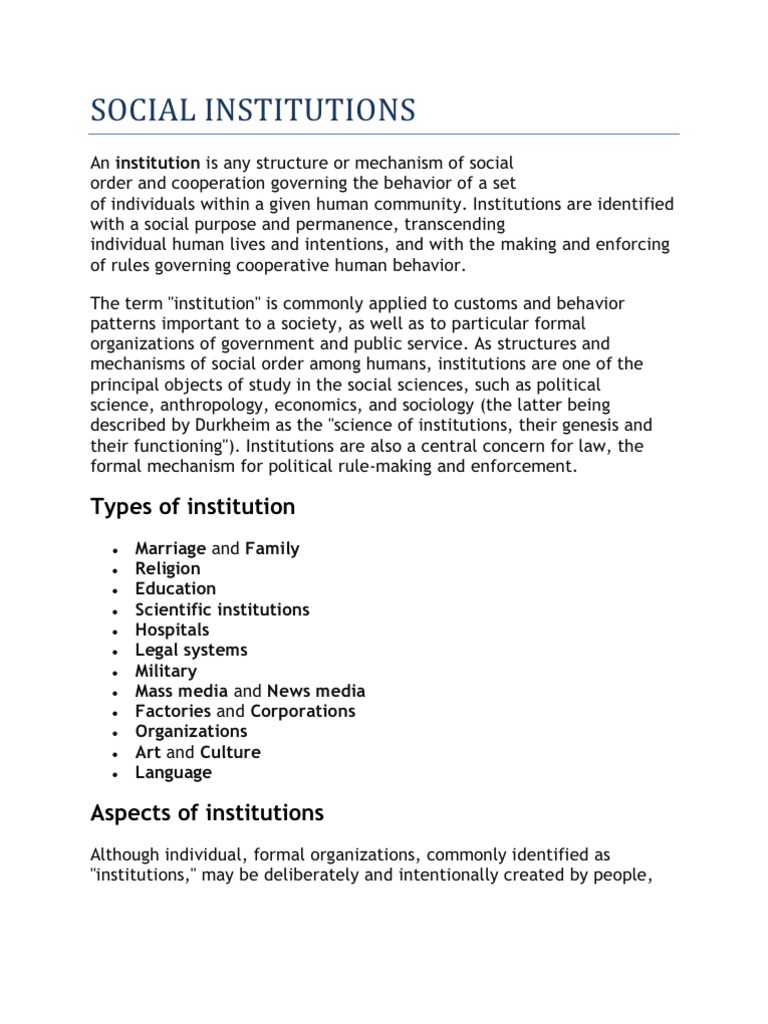 Social Institutions | PDF | Sociology | Institution