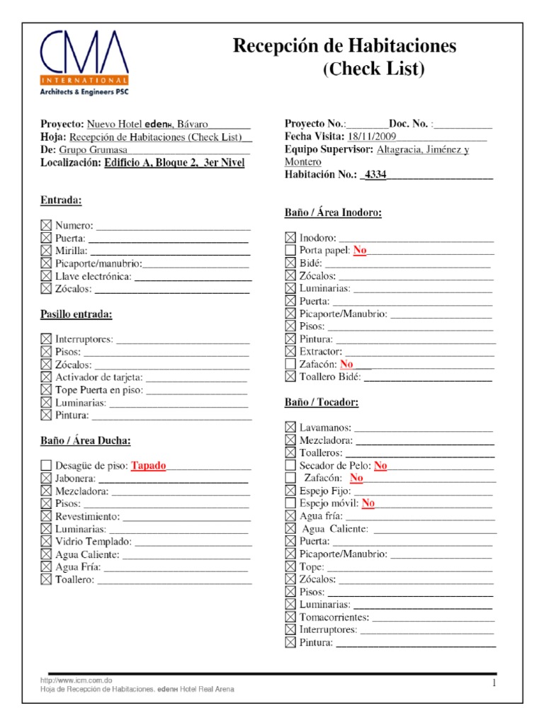 Recepción de Habitaciones (Check List) - 1-5 | PDF