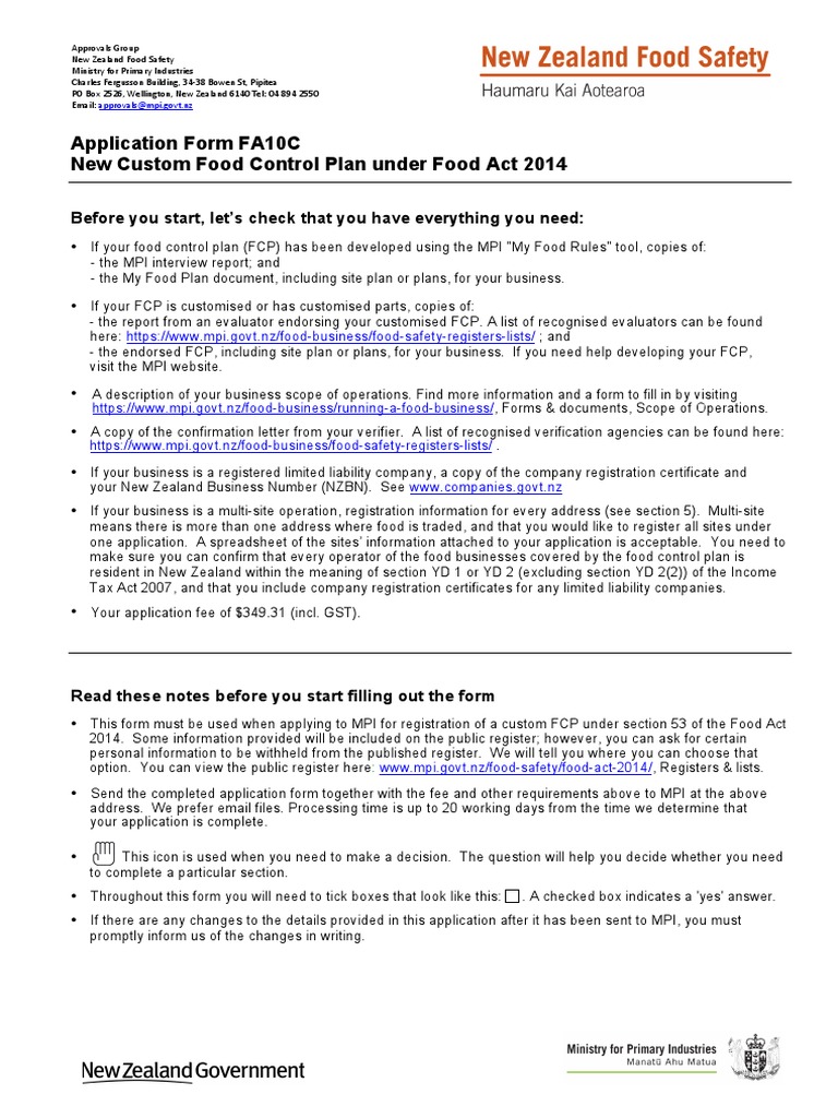 Application Form FA10C New Custom Food Control Plan Under Food Act 2014 ...