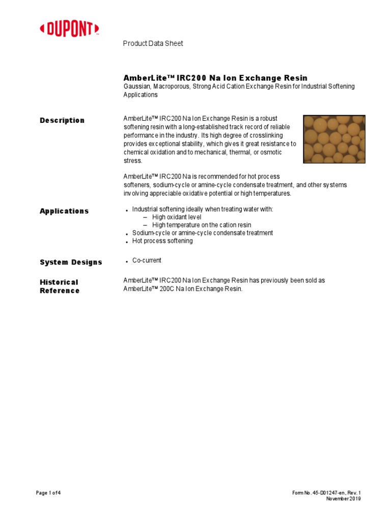 Amberlite™ Irc200 Na Ion Exchange Resin: Product Data Sheet | PDF | Ion Exchange | Safety
