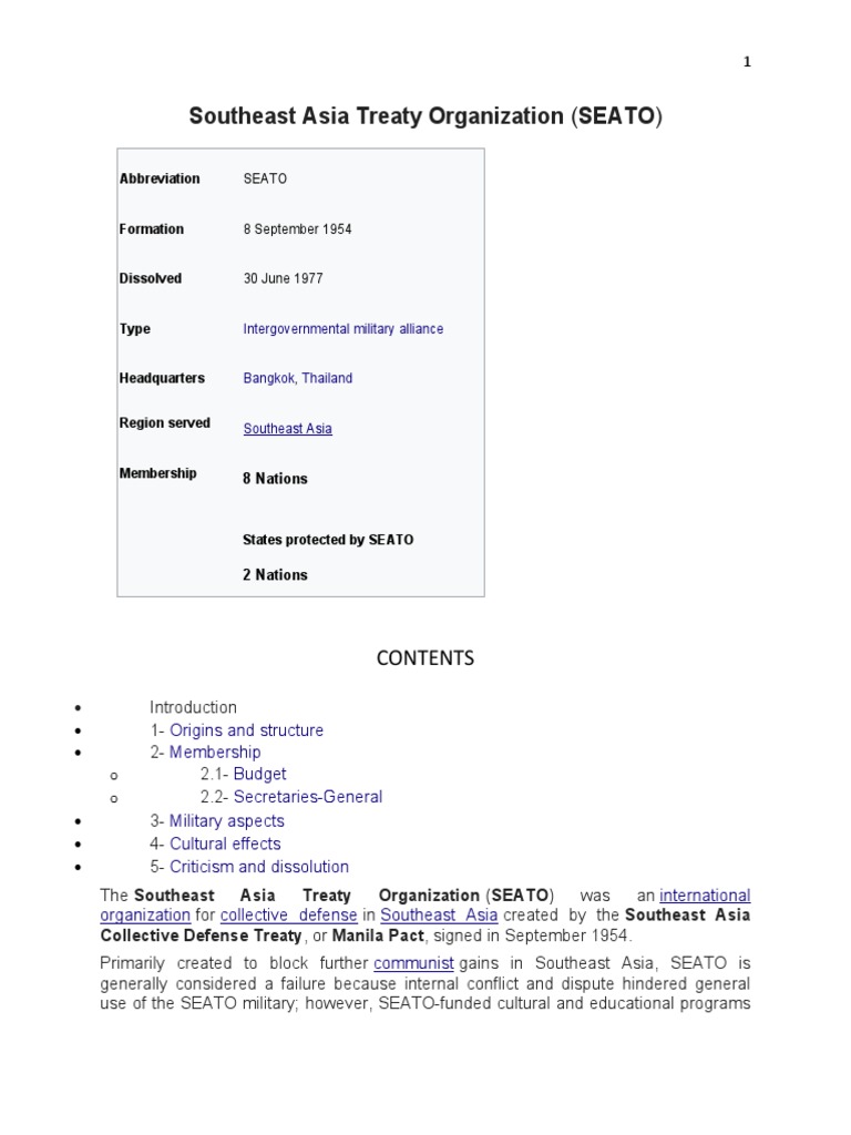 Southeast Asia Treaty Organization (SEATO) : Abbreviation | PDF ...