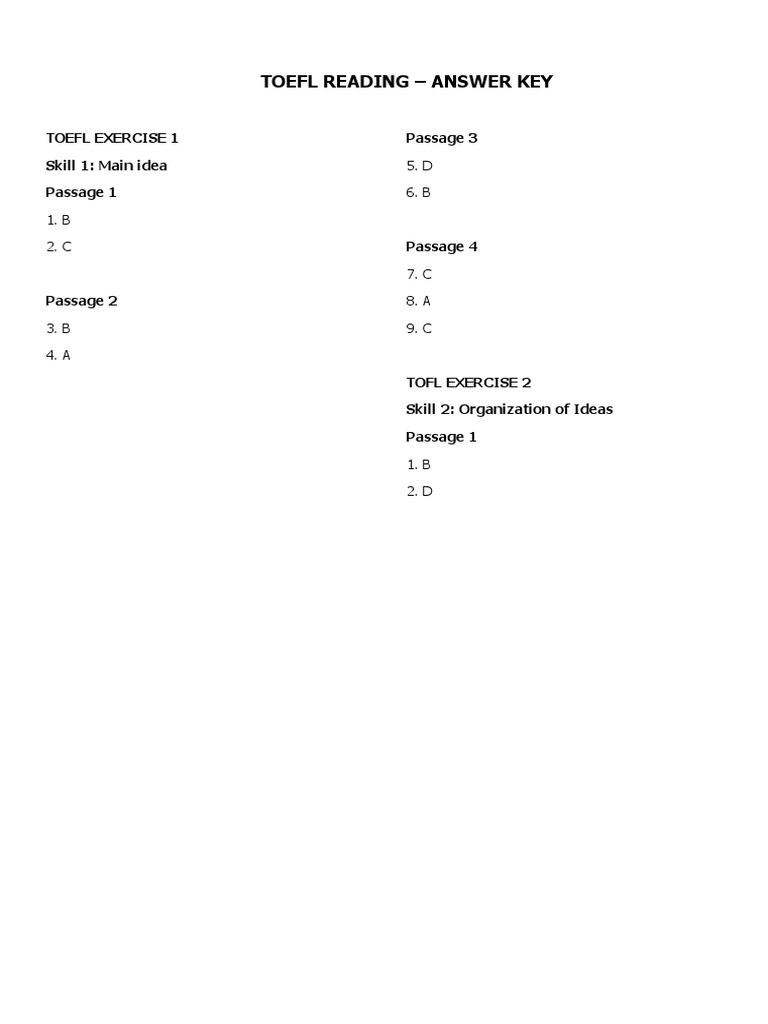 TOEFL Reading - Answer Key - m1 (Skill 1 & Skill 2, No 1-2) | PDF