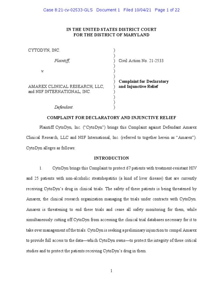 Cytodyn V Amarex October 4 2021 | PDF | Clinical Trial | Conversion (Law)