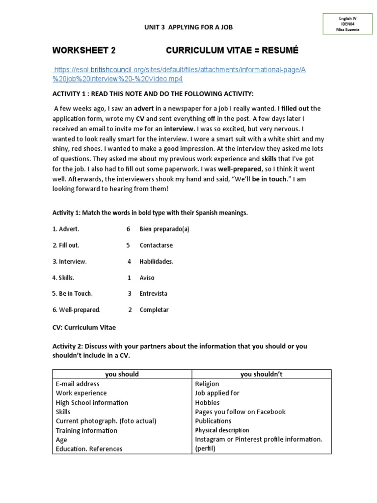 Unit 4 Worksheet 2 Curriculum Vitae | PDF