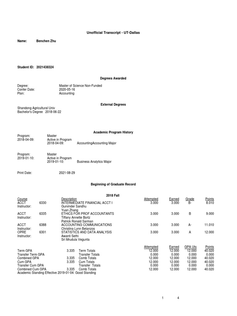 Unofficial Transcript - UT-Dallas: Name: Benchen Zhu | PDF | Accounting ...