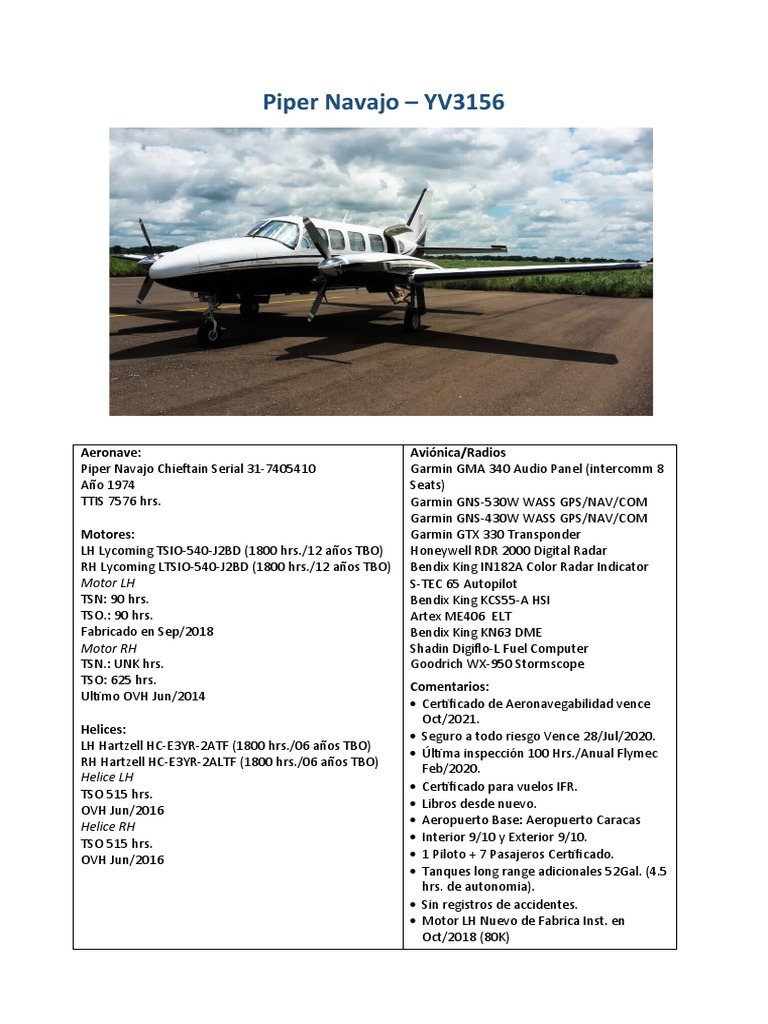 Especificaciones Piper Navajo Chieftain | PDF | Aviación | Aeronave