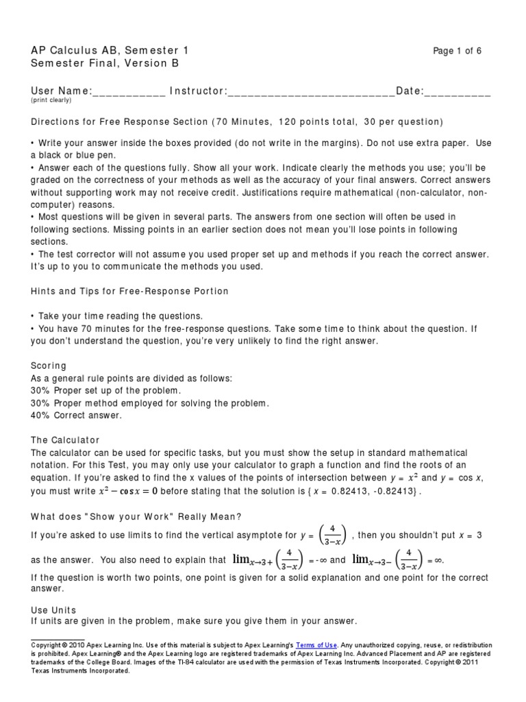 AP Calculus AB, Semester 1 Semester Final, Version B | PDF | Volume | Area