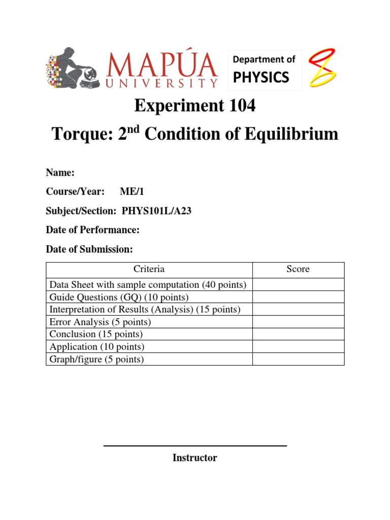 Experiment 104 Torque: 2 Condition of Equilibrium: Physics | PDF ...