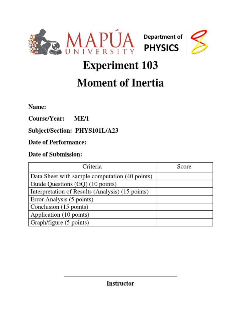 Experiment 103 Moment of Inertia: Physics | PDF | Rotation Around A Fixed Axis | Torque