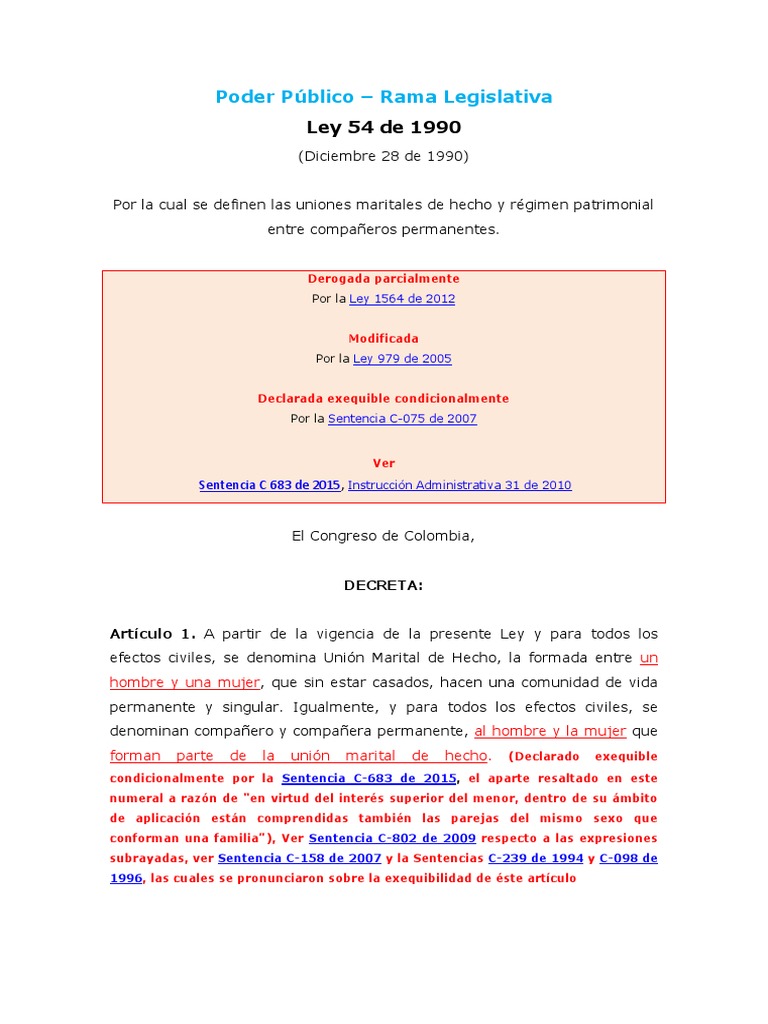 Ley 54 de 1990 - Unión Marital | PDF | Matrimonio | Asociación doméstica