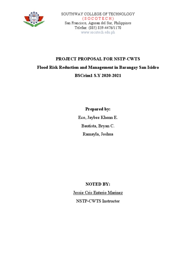 Project Proposal For Nstp-Cwts Flood Risk Reduction and Management in Barangay San Isidro ...