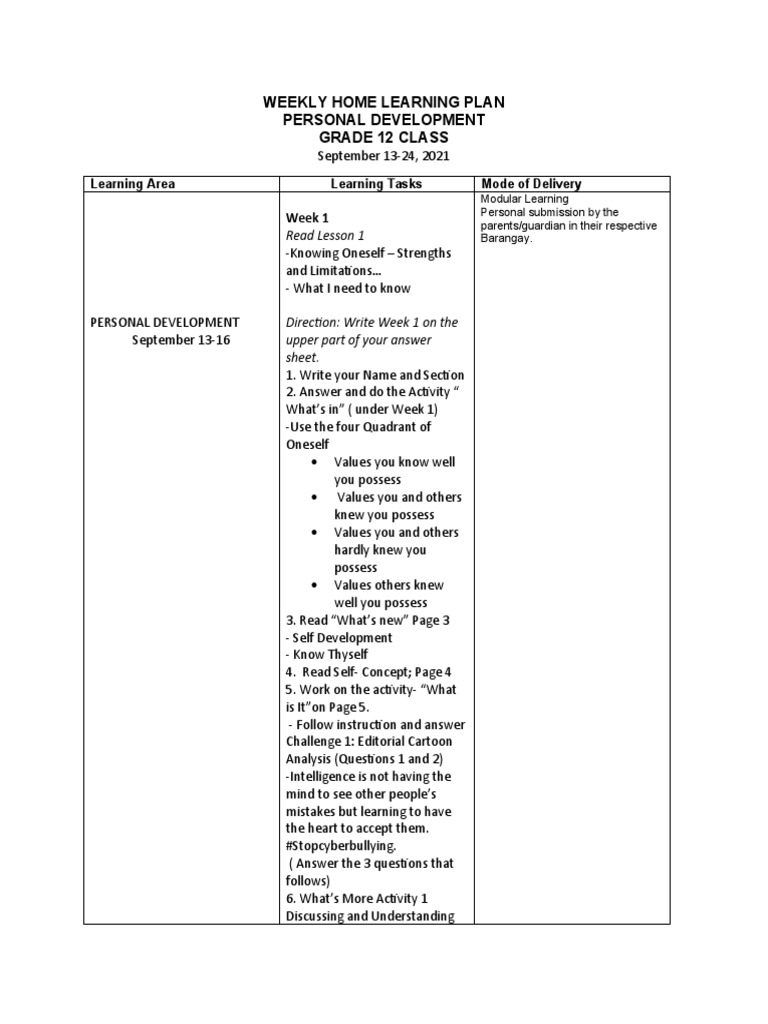 Understanding Oneself: A Two-Week Personal Development Plan for Grade ...
