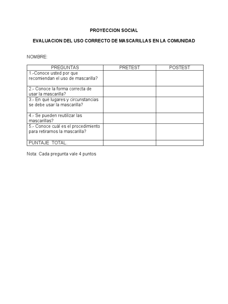 Pretest y Post Test Uso de Mascarillas. - Proyeccion Social | PDF
