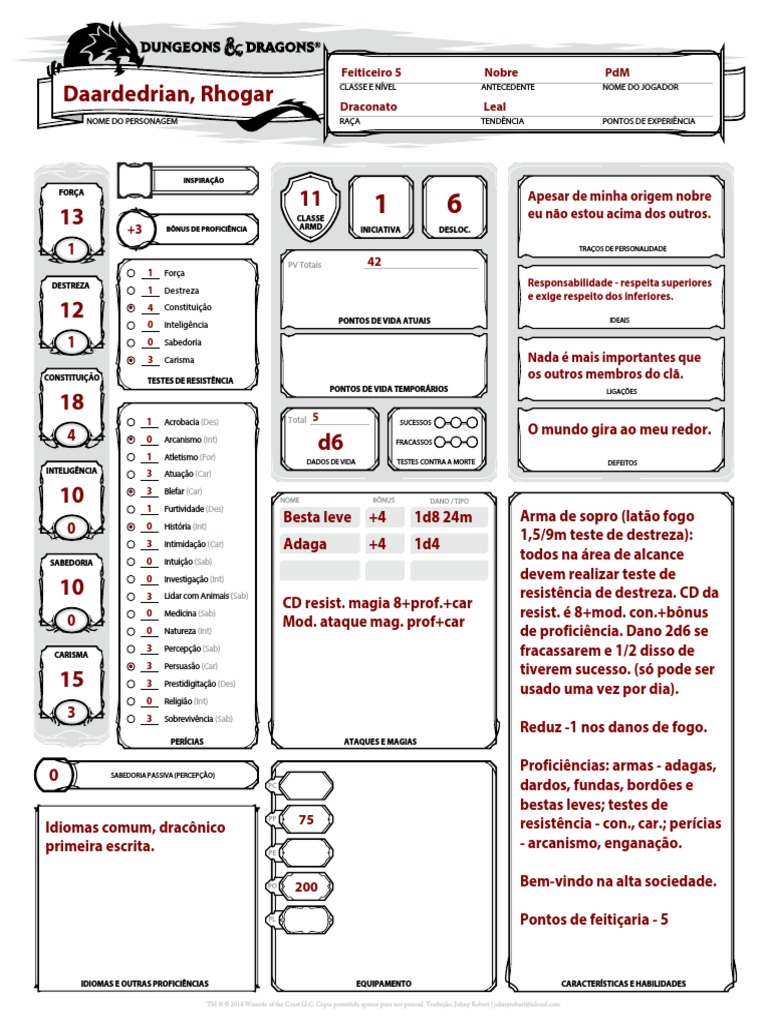 D&D5 Draconato - Feiticeiro 5 | PDF