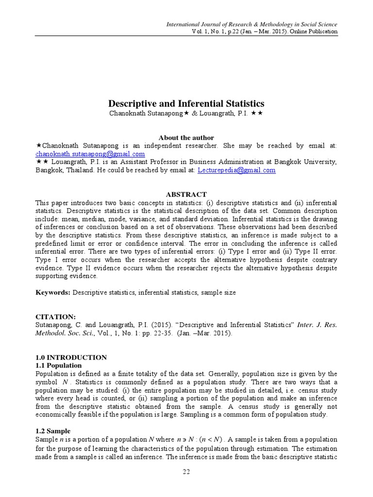 Descriptive and Inferential Statistics, VOL 1, NO 1 | Download Free PDF ...