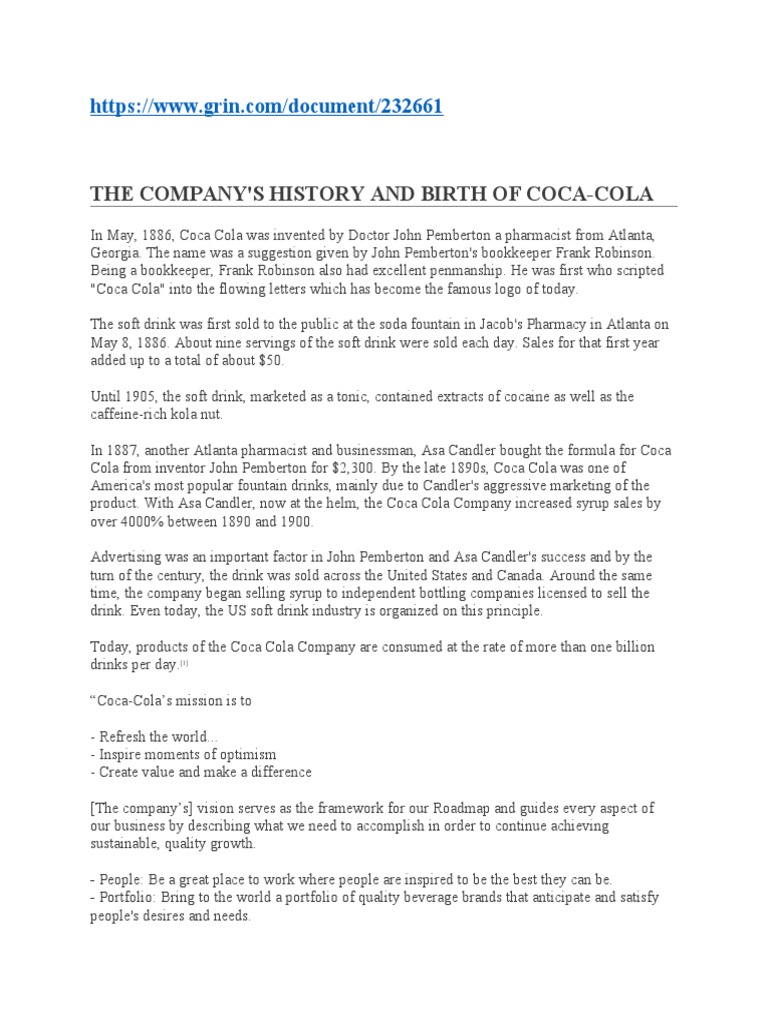 The Company'S History and Birth of Coca-Cola | PDF | The Coca Cola ...