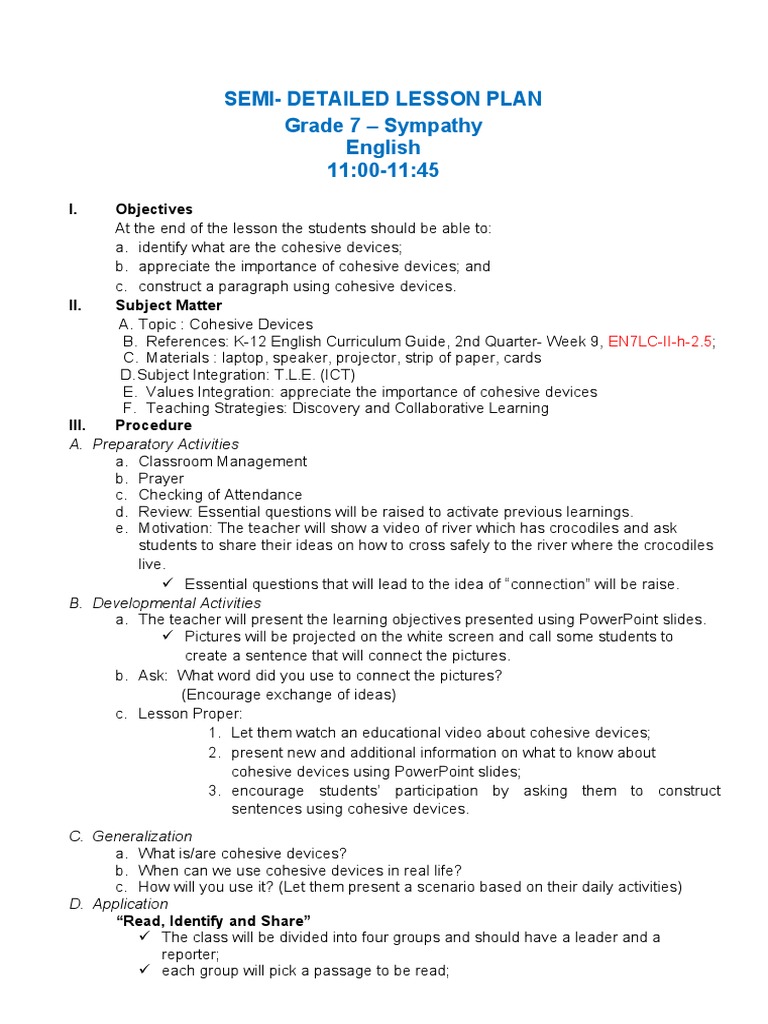 Grade 7 Lesson Plan on Cohesive Devices | PDF | Lesson Plan | Communication