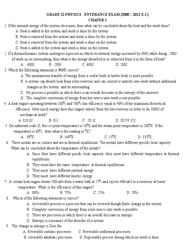 Grade 12 Physics Entrance Exam 2000-2011 | PDF | Heat | Diffraction