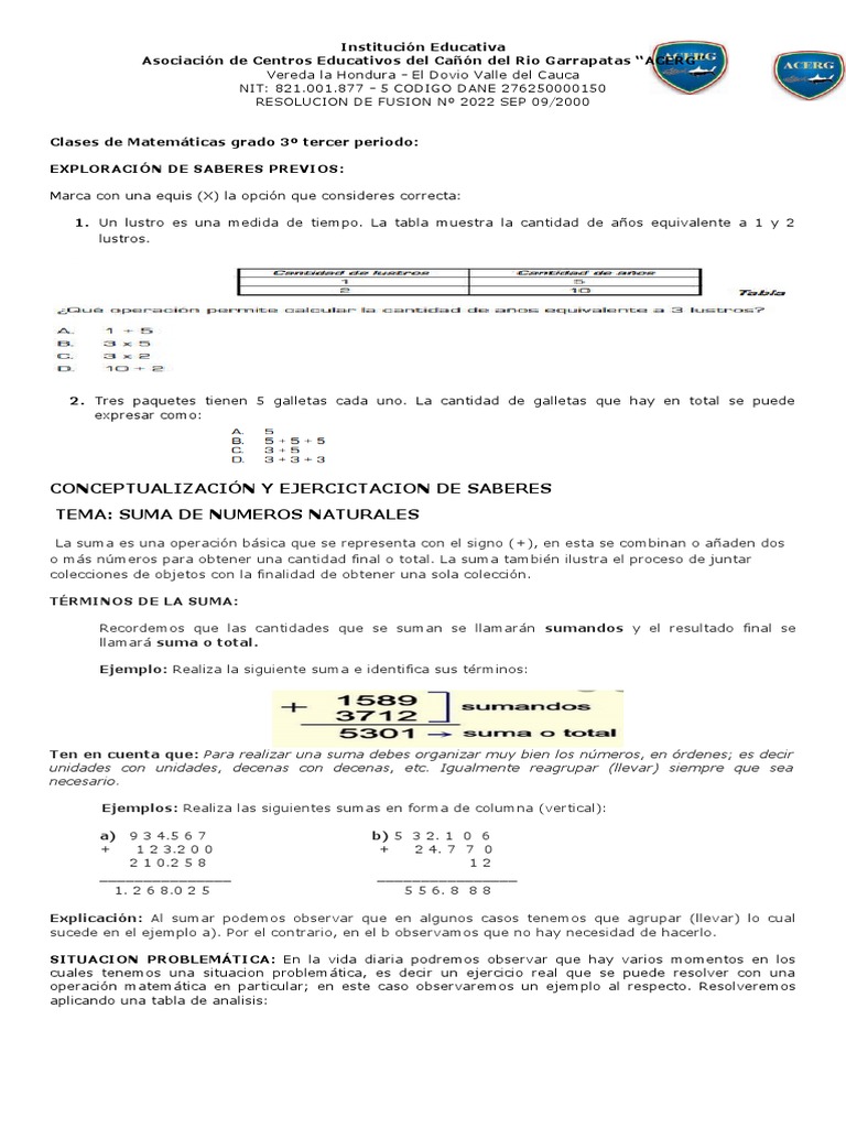 Matematica Grado 3º Tercer Perido | PDF | División (Matemáticas ...