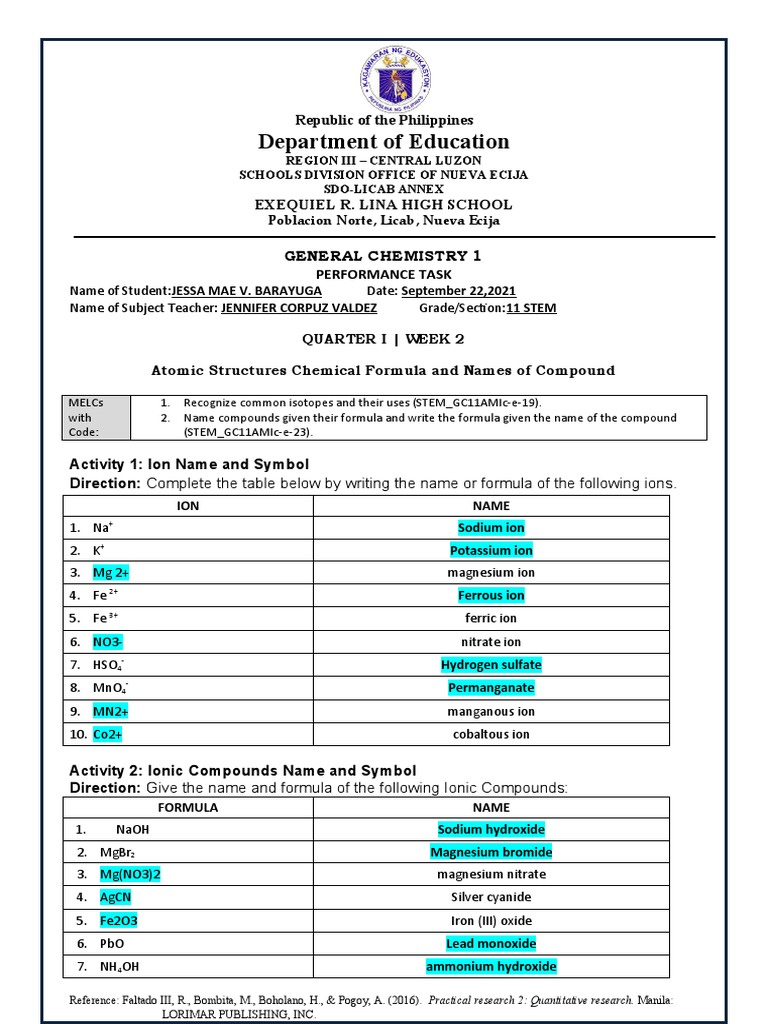 Week 2 Performance Task in Gen Chem JESSA MAE v. BARAYUGA | PDF ...