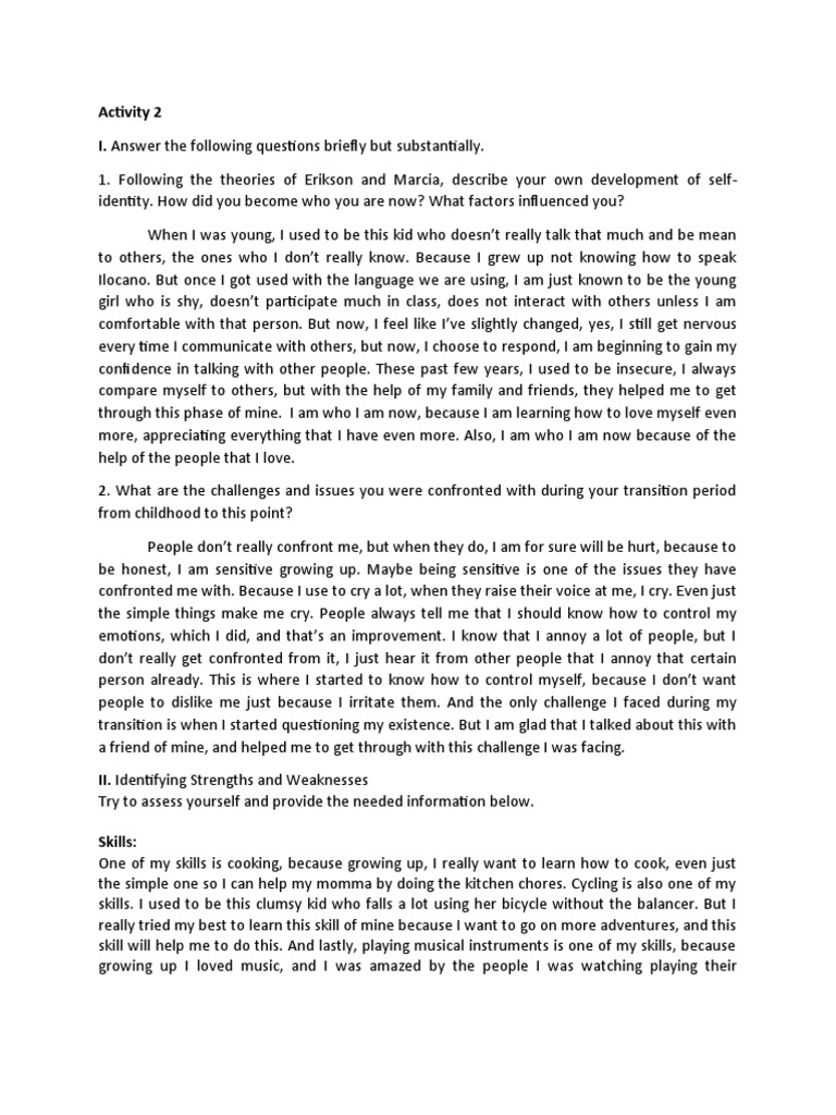 Activity 2 I. Answer The Following Questions Briefly But Substantially | PDF | Cognition | Human ...